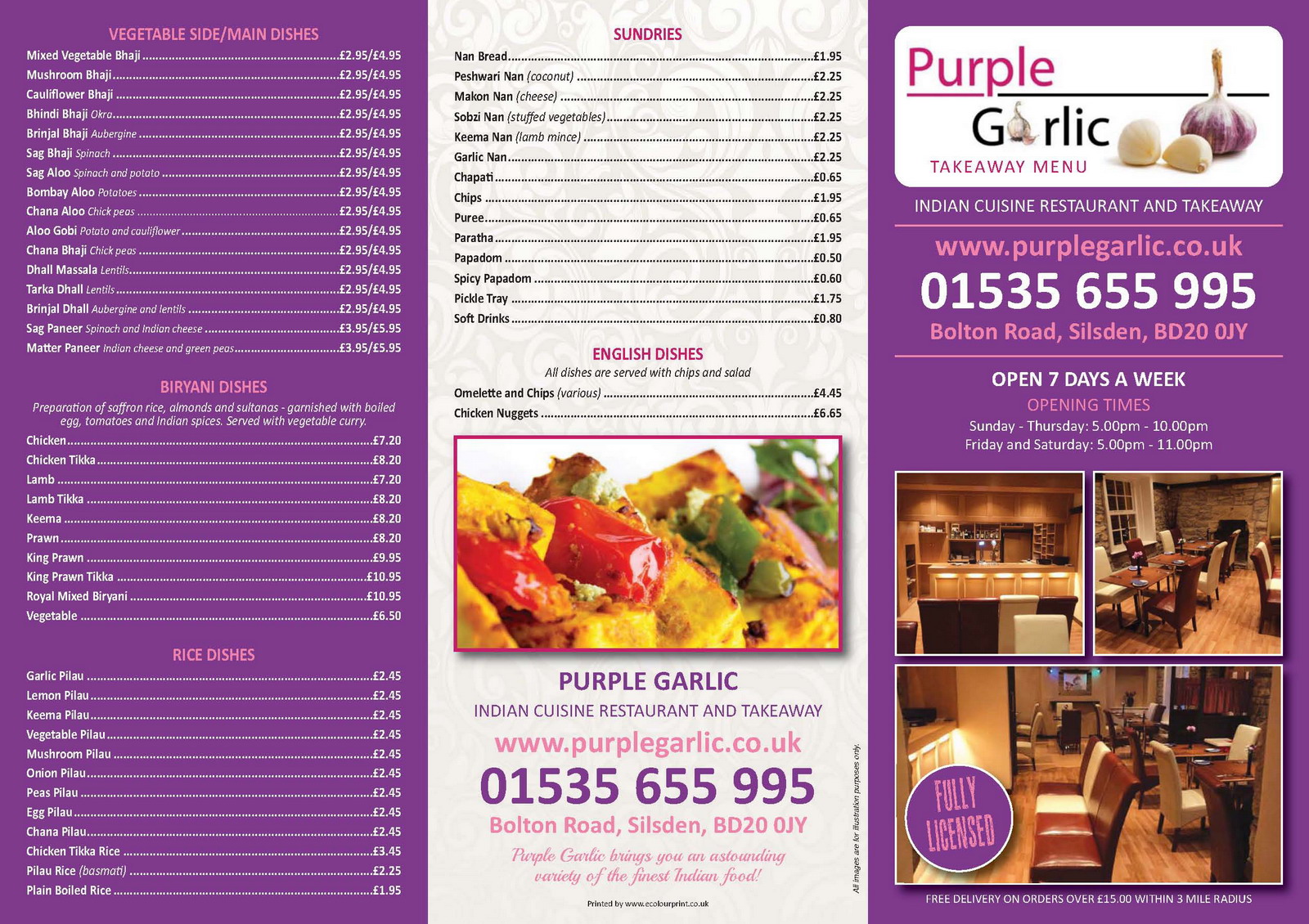 Menu | Purple Garlic - Indian Restaurant & Takeaway Silsden