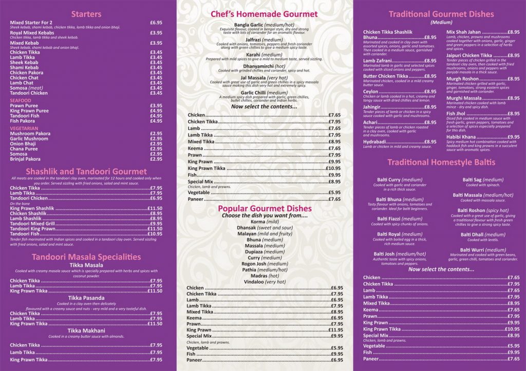 Menu | Purple Garlic - Indian Restaurant & Takeaway Silsden