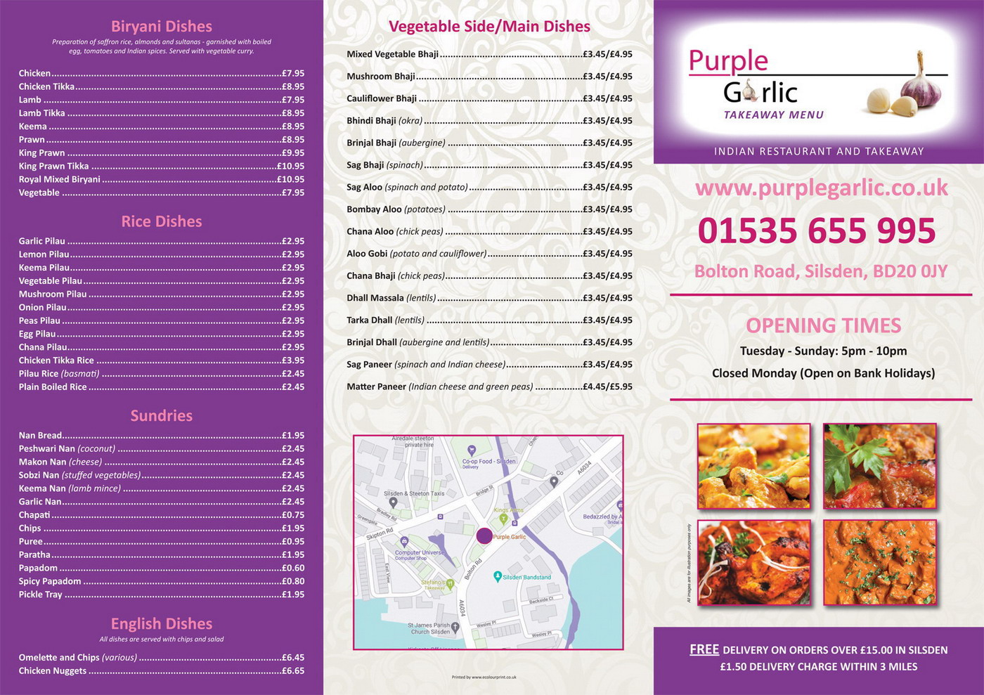 Menu | Purple Garlic - Indian Restaurant & Takeaway Silsden